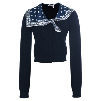 lefame拉飞姆2026春季新款时尚珠饰印花丝巾披肩针织开衫上衣女