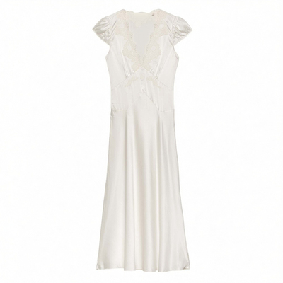 沃格DN春夏新款白色蕾丝拼接V领系带A字中长20姆米缎面真丝连衣裙