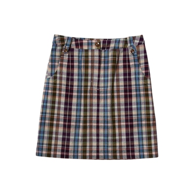 纯棉色织贴袋格子半身裙女夏短裙