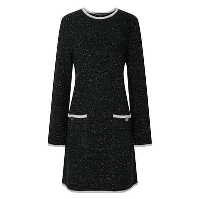 BCBG25秋冬新款气质时尚撞色金丝显瘦小黑裙女小香风针织连衣裙