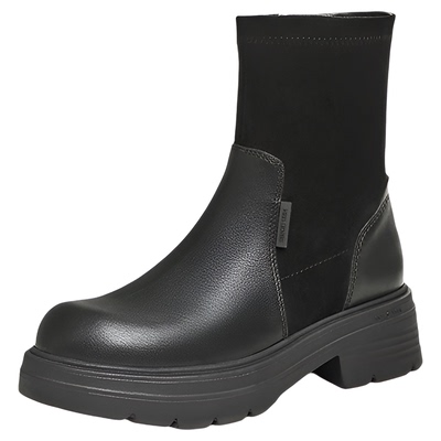 Bata时装靴女冬商场新款百搭牛皮弹力通勤粗跟短筒靴AGC43DZ4