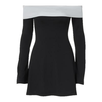 法式拼色高级感一字肩长袖连衣裙