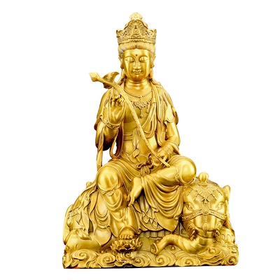 2黄铜文殊菩萨铜像摆件普贤菩萨坐像华严三圣佛像文书普萨家用
