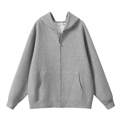 连帽拉链卫衣女灰色宽松外套开衫