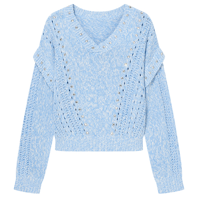 Goodland美地蓝色镂空钻饰V领针织衫女毛衣2026春新款LC36106300
