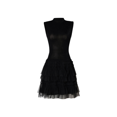 XULU原创醋酸法式赫本风半高领连衣裙无袖A字型网纱拼接小黑裙