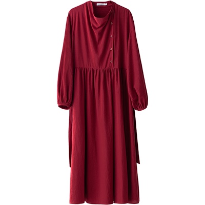 法式荡领红色纯棉连衣裙宽松长袖收腰连身裙气质风格女装春秋新款