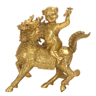 纯黄铜麒麟送子招财镇宅摆件一对