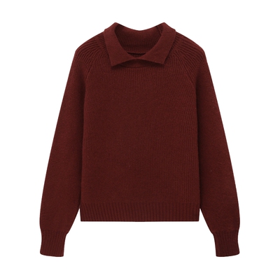 Basic House/百家好红色翻领毛衣秋冬新款气质泡泡袖套头短款上衣