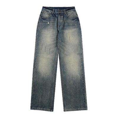 98SQUID 美式vintage水洗做旧破坏牛仔裤男女宽松直筒百搭长裤潮