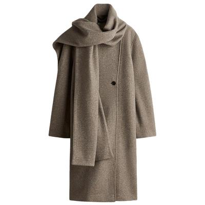 HM女装毛呢外套冬季加绒加厚长款含围巾纸片人大衣1302222