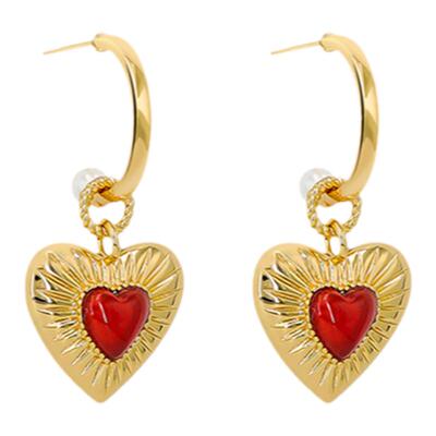 爱心红玛瑙耳环女复古淡水珍珠