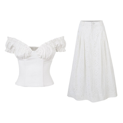 PynkiSwear白色100棉中低腰A字版型长款伞裙/V领一字肩鱼骨上衣女