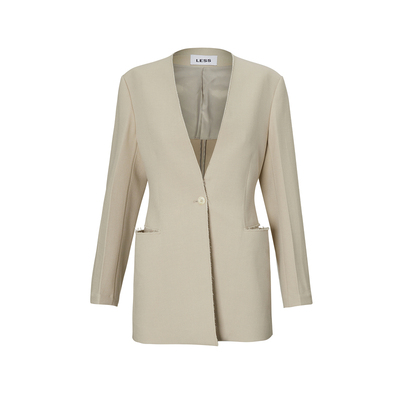 LESS春季绵羊毛西服女简约休闲解构无领毛呢西装外套2N2713320