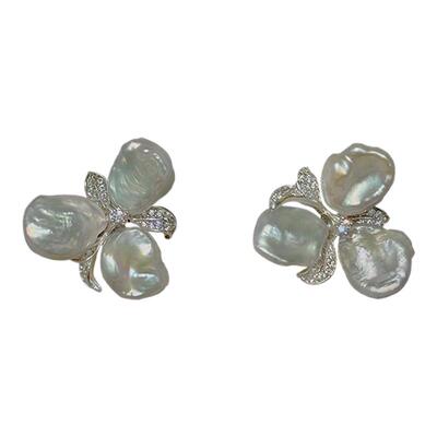 TYUSHA鸢尾花纯银keshi珍珠耳钉