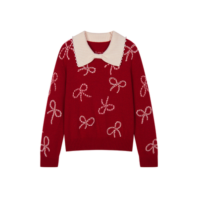UOOYAA钉珠刺绣蝴蝶结套头毛衫