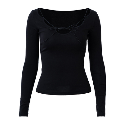 PynkiSwear 驼色/黑色花瓣领镂空系带长袖T恤女修身弹力打底上衣