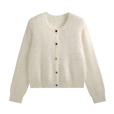 设计感彩色扣子水貂绒毛衣开衫女