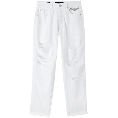 MissSixty破洞钻饰链白色直筒裤