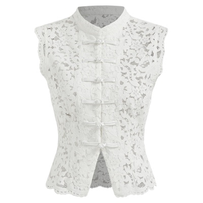 【明星同款】CIDER蕾丝衫翻领镂空开衩背心盘扣无袖上衣114497602