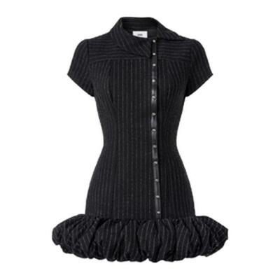 LSOUL黑色连衣裙条纹收腰设计圆领短裙修身显瘦露背性感时尚裙装