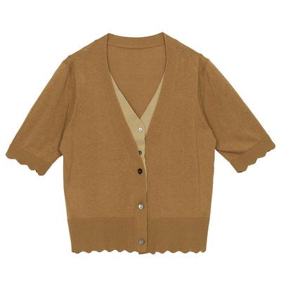 谜底假两件针织开衫短袖女秋季新品文艺风V领针织衫243MZ1272
