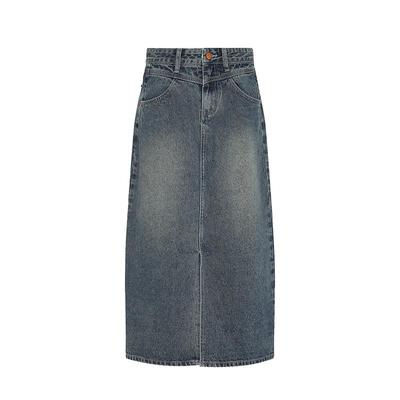 中长款H型牛仔半裙前开衩设计