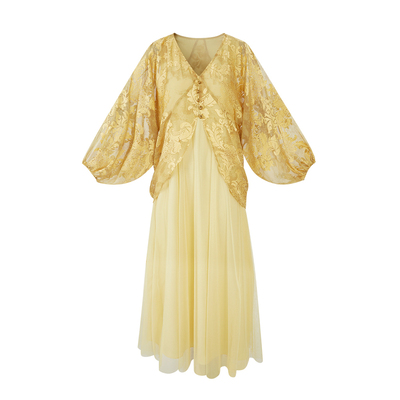 Sun雅乔【金玉浮图】春装复古提花宽松蝙蝠袖假两件长袖连衣长裙