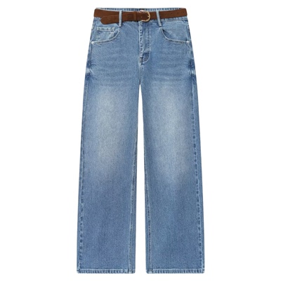 软质配腰带高腰阔腿七分牛仔裤