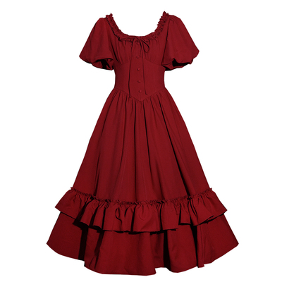 重工法式复古束腰大摆红色礼服裙