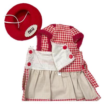 INS新款马尔济斯狗狗小香风长袖毛衣秋冬猫咪红白格宠物连衣裙