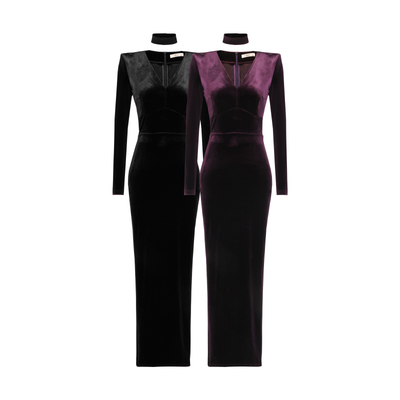 时尚纯色丝绒领圈长袖V领连衣裙