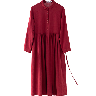 复古红色纯棉宽松立领长袖连衣裙