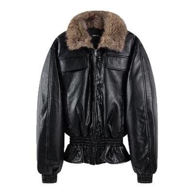 【易梦玲宵夜同款】YFLYIFULU 25冬立领毛领荷叶边廓形羽绒皮夹克