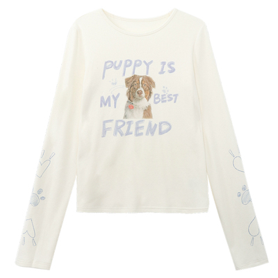 米色磨毛大圆领小狗涂鸦内搭T恤