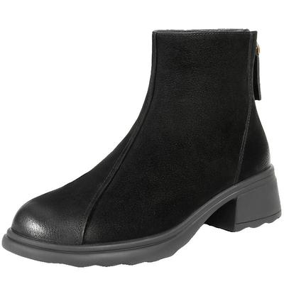 百丽粗高跟美拉德牛皮时装靴新款棉鞋真皮显瘦低筒短靴子B2910DD5