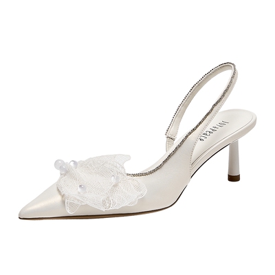 真美诗甜美蕾丝梦幻婚鞋后空凉鞋