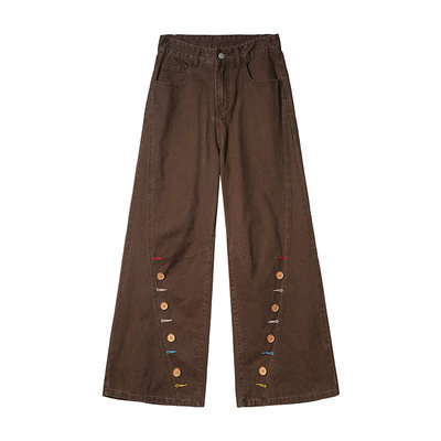高街vintage咖色排扣工装裤男