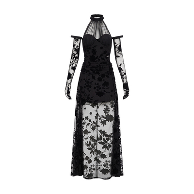 挂脖绑带丝绒鱼骨连衣裙