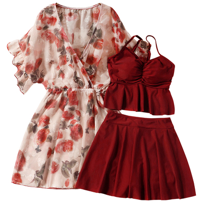 浪漫玫瑰罩衫防晒泳衣女三件套