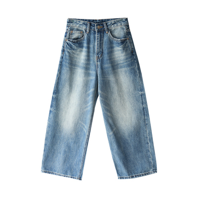 韩版洋气磨白百搭宽腿九分牛仔裤