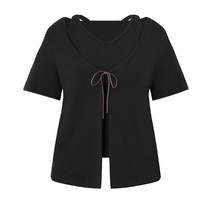 大码女装假两件短袖T恤上衣