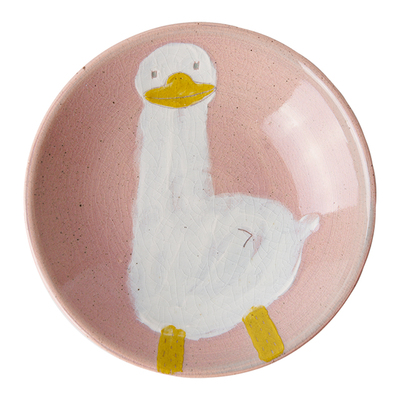韩国进口Ouchi设计师手作原创彩色鸭子图案冰裂纹陶瓷果盘点心盘