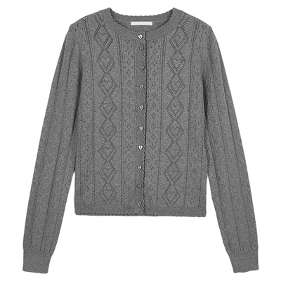 SLY 冬季新品复古通勤风菱格镂空修身针织开衫030IAZ70-3211