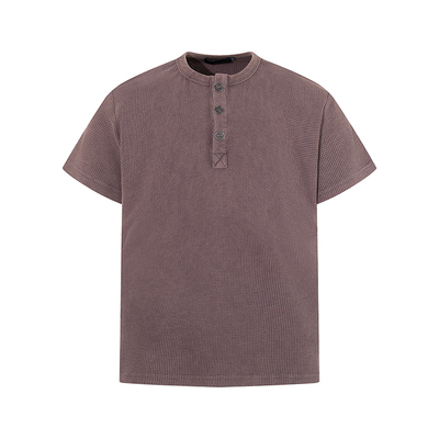 美式复古华夫格亨利领短袖T恤男