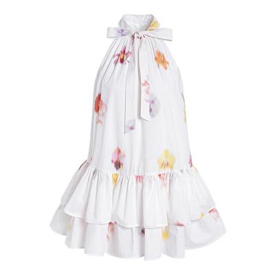 RECIT碎花蝴蝶结挂脖A摆连衣裙