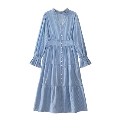 【林中漫步】法式风格衬衫裙 V领风琴褶单排开扣长款连衣裙小白裙