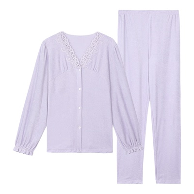 安莉芳专柜新品棉质长袖长裤睡衣套装女士花边v领家居服EL00610
