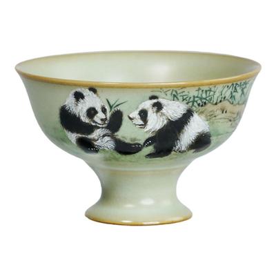 周泽堂手绘熊猫主人杯中式陶瓷