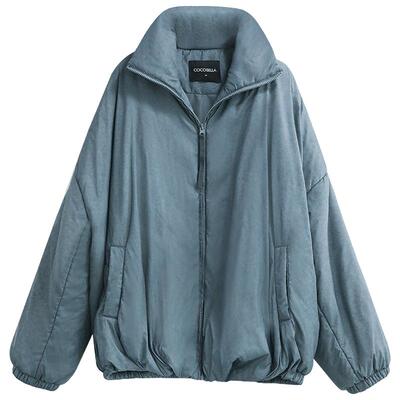 【3件5折】COCOBELLA雾蓝色渲染印花轻型棉服立领棉衣夹克MF0003